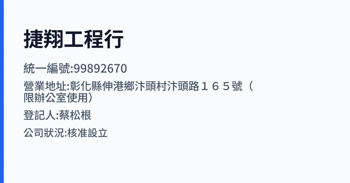捷翔工程行 - 統編 99892670(彰化縣) 公司登記資料與營業項目詳細圖表