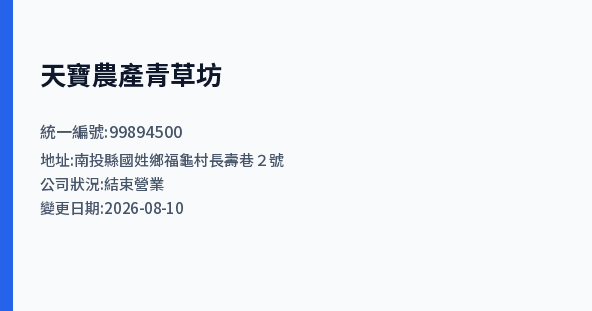 天寶農產青草坊的照片-統編 99894500(南投縣) 公司登記資料與營業項目詳細圖表