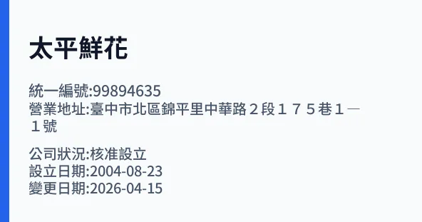 太平鮮花的照片-統編 99894635(臺中市) 公司登記資料與營業項目詳細圖表