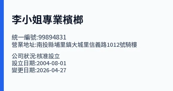 李小姐專業檳榔的照片-統編 99894831(南投縣) 公司登記資料與營業項目詳細圖表