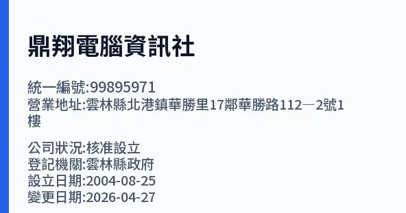 鼎翔電腦資訊社的照片-統編 99895971(雲林縣) 公司登記資料與營業項目詳細圖表