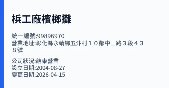 梹工廠檳榔攤的照片-統編 99896970(彰化縣) 公司登記資料與營業項目詳細圖表