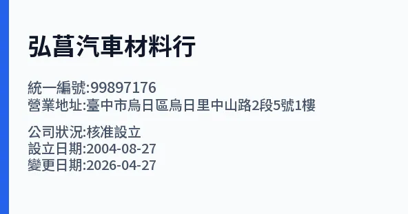 弘菖汽車材料行的照片-統編 99897176(臺中市) 公司登記資料與營業項目詳細圖表