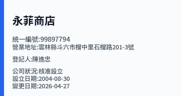 永菲商店的照片-統編 99897794(雲林縣) 公司登記資料與營業項目詳細圖表