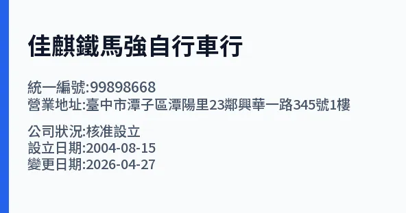 佳麒鐵馬強自行車行的照片-統編 99898668(臺中市) 公司登記資料與營業項目詳細圖表
