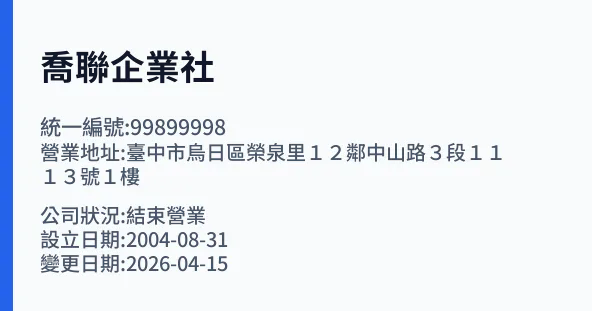 喬聯企業社的照片-統編 99899998(臺中市) 公司登記資料與營業項目詳細圖表