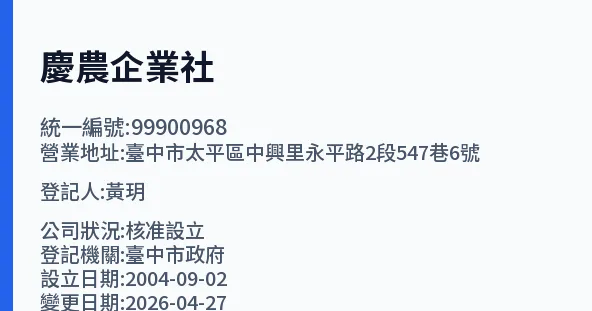 慶農企業社的照片-統編 99900968(臺中市) 公司登記資料與營業項目詳細圖表