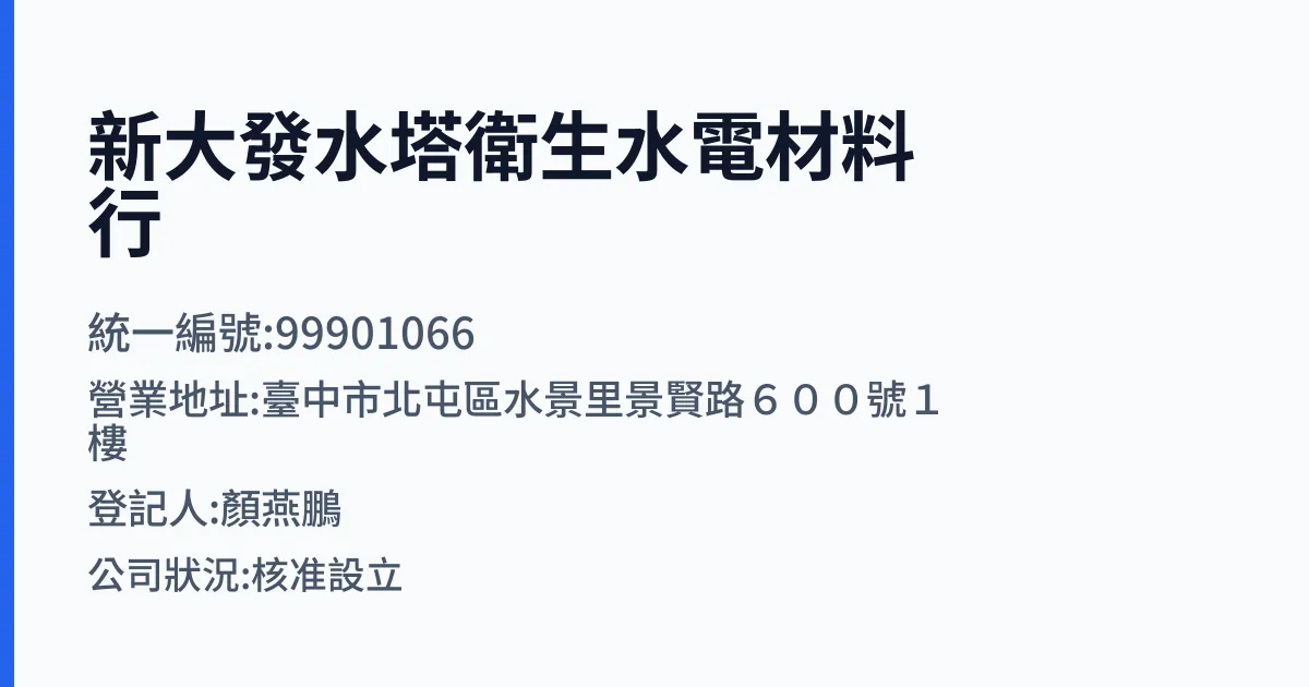 新大發水塔衛生水電材料行 - 統編 99901066(臺中市) 公司登記資料與營業項目詳細圖表