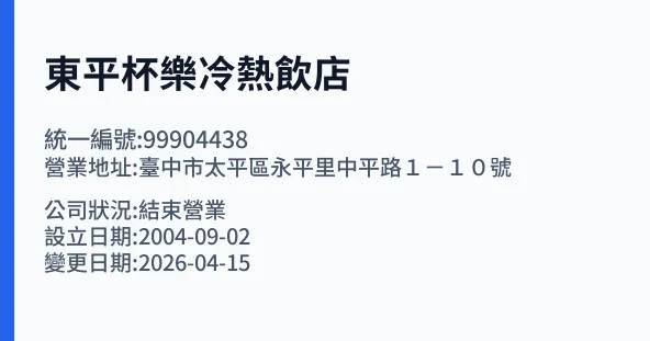 東平杯樂冷熱飲店的照片-統編 99904438(臺中市) 公司登記資料與營業項目詳細圖表