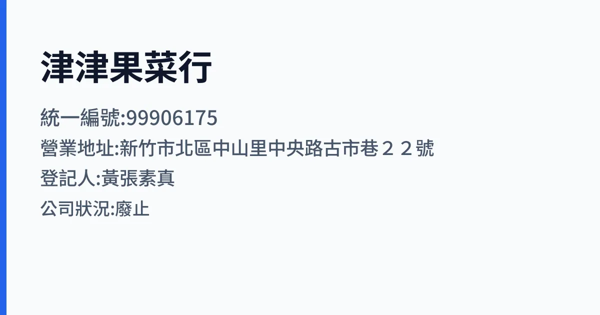 津津果菜行 - 統編 99906175(南投縣) 公司登記資料與營業項目詳細圖表