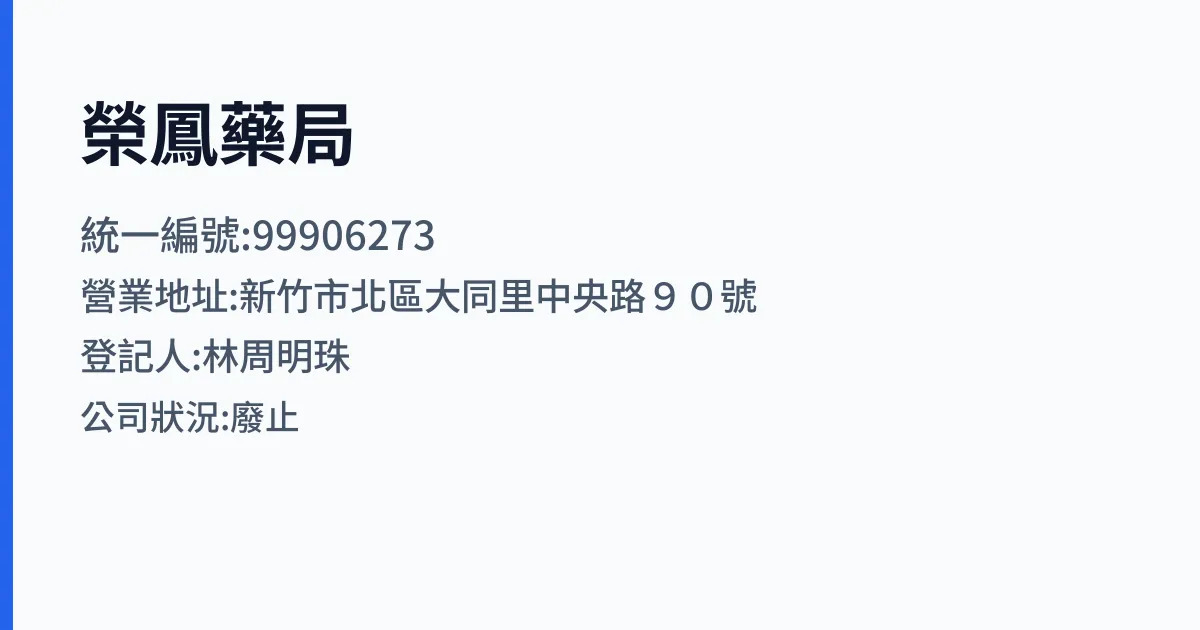 榮鳳藥局 - 統編 99906273（臺中市） 公司登記資料與營業項目詳細圖表