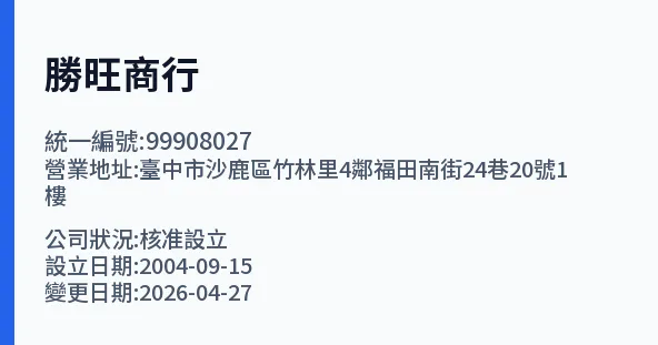 勝旺商行的照片-統編 99908027(臺中市) 公司登記資料與營業項目詳細圖表