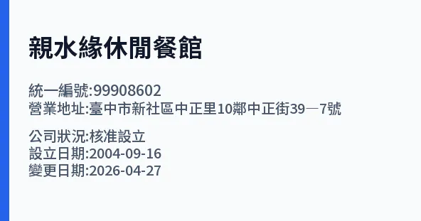 親水緣休閒餐館的照片-統編 99908602(臺中市) 公司登記資料與營業項目詳細圖表