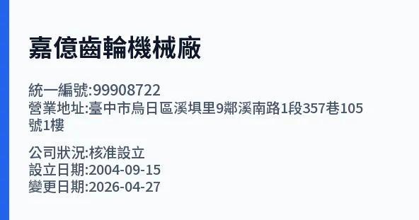 嘉億齒輪機械廠的照片-統編 99908722(臺中市) 公司登記資料與營業項目詳細圖表