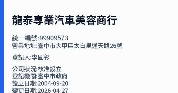 龍泰專業汽車美容商行的照片-統編 99909573(臺中市) 公司登記資料與營業項目詳細圖表