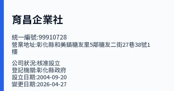 育昌企業社的照片-統編 99910728(彰化縣) 公司登記資料與營業項目詳細圖表
