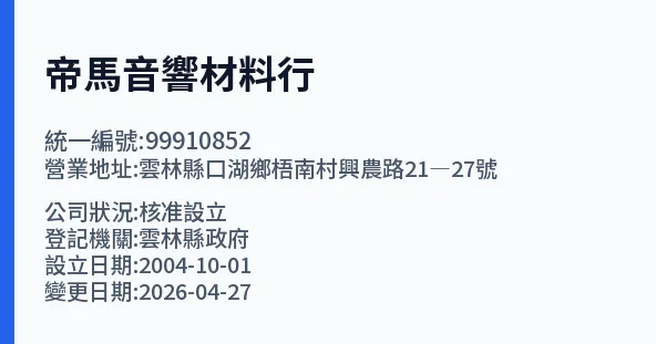 帝馬音響材料行的照片-統編 99910852(雲林縣) 公司登記資料與營業項目詳細圖表