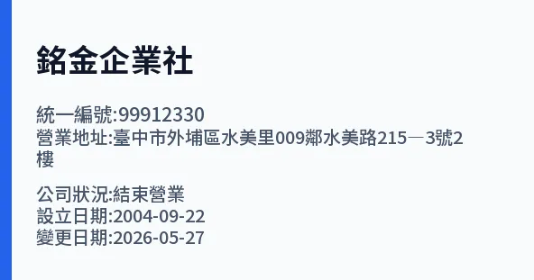 銘金企業社的照片-統編 99912330(臺中市) 公司登記資料與營業項目詳細圖表