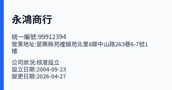 永鴻商行的照片-統編 99912394(苗栗縣) 公司登記資料與營業項目詳細圖表