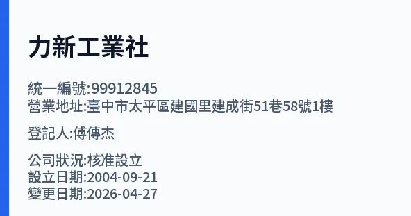 力新工業社的照片-統編 99912845(臺中市) 公司登記資料與營業項目詳細圖表