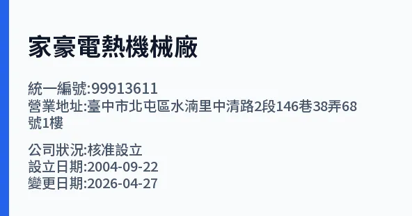 家豪電熱機械廠的照片-統編 99913611(臺中市) 公司登記資料與營業項目詳細圖表