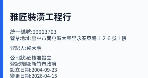 雅匠裝潢工程行的照片-統編 99913703(臺中市) 公司登記資料與營業項目詳細圖表