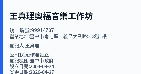 王真理奧福音樂工作坊的照片-統編 99914787(臺中市) 公司登記資料與營業項目詳細圖表