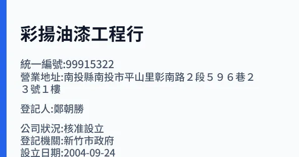 彩揚油漆工程行的照片-統編 99915322(南投縣) 公司登記資料與營業項目詳細圖表
