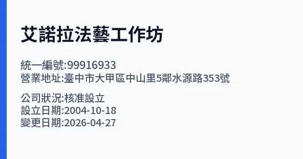 艾諾拉法藝工作坊的照片-統編 99916933(臺中市) 公司登記資料與營業項目詳細圖表