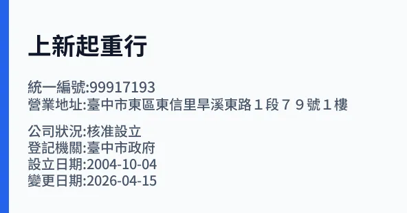 上新起重行的照片-統編 99917193(臺中市) 公司登記資料與營業項目詳細圖表