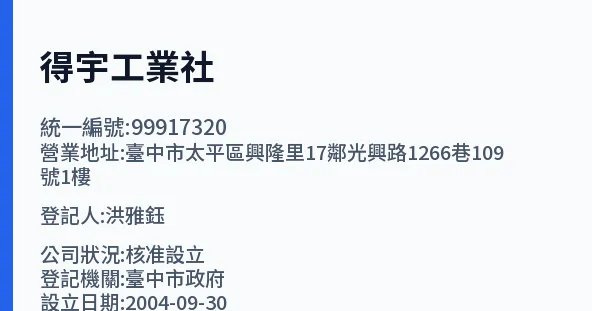 得宇工業社的照片-統編 99917320(臺中市) 公司登記資料與營業項目詳細圖表