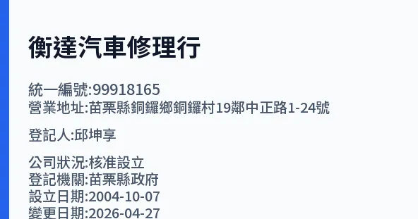 衡達汽車修理行的照片-統編 99918165(苗栗縣) 公司登記資料與營業項目詳細圖表