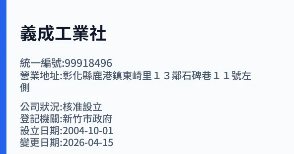 義成工業社的照片-統編 99918496(彰化縣) 公司登記資料與營業項目詳細圖表