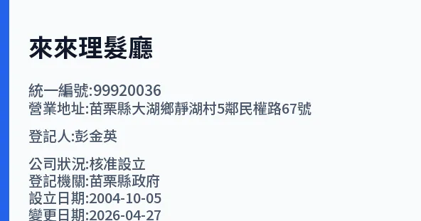 來來理髮廳的照片-統編 99920036(苗栗縣) 公司登記資料與營業項目詳細圖表