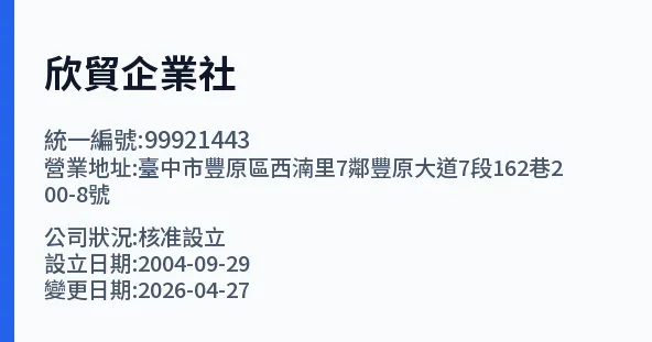 欣貿企業社的照片-統編 99921443(臺中市) 公司登記資料與營業項目詳細圖表