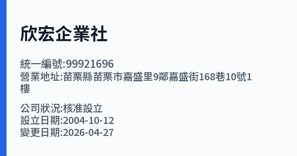 欣宏企業社的照片-統編 99921696(苗栗縣) 公司登記資料與營業項目詳細圖表