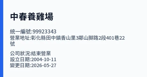 中春養雞場的照片-統編 99923343(彰化縣) 公司登記資料與營業項目詳細圖表