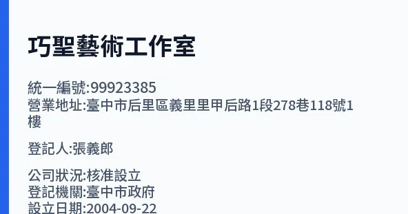 巧聖藝術工作室的照片-統編 99923385(臺中市) 公司登記資料與營業項目詳細圖表