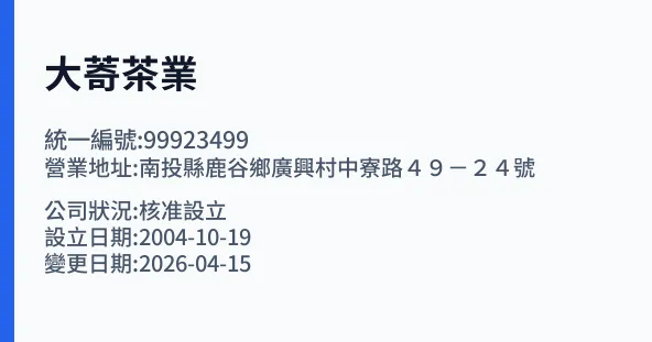 大䓫茶業的照片-統編 99923499(南投縣) 公司登記資料與營業項目詳細圖表