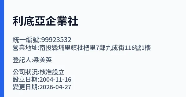 利底亞企業社的照片-統編 99923532(南投縣) 公司登記資料與營業項目詳細圖表