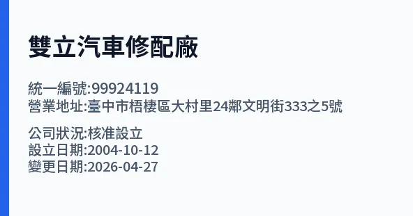 雙立汽車修配廠的照片-統編 99924119(臺中市) 公司登記資料與營業項目詳細圖表