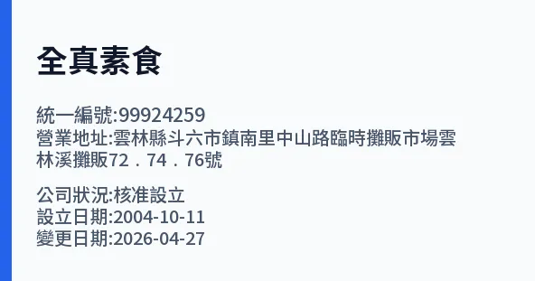 全真素食的照片-統編 99924259(雲林縣) 公司登記資料與營業項目詳細圖表