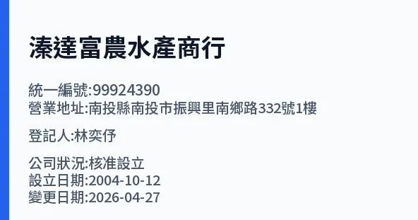 溱達富農水產商行的照片-統編 99924390(南投縣) 公司登記資料與營業項目詳細圖表