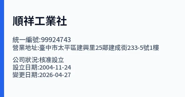 順祥工業社的照片-統編 99924743(臺中市) 公司登記資料與營業項目詳細圖表