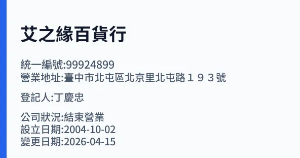 艾之緣百貨行的照片-統編 99924899(臺中市) 公司登記資料與營業項目詳細圖表