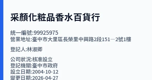 采顏化粧品香水百貨行的照片-統編 99925975(臺中市) 公司登記資料與營業項目詳細圖表