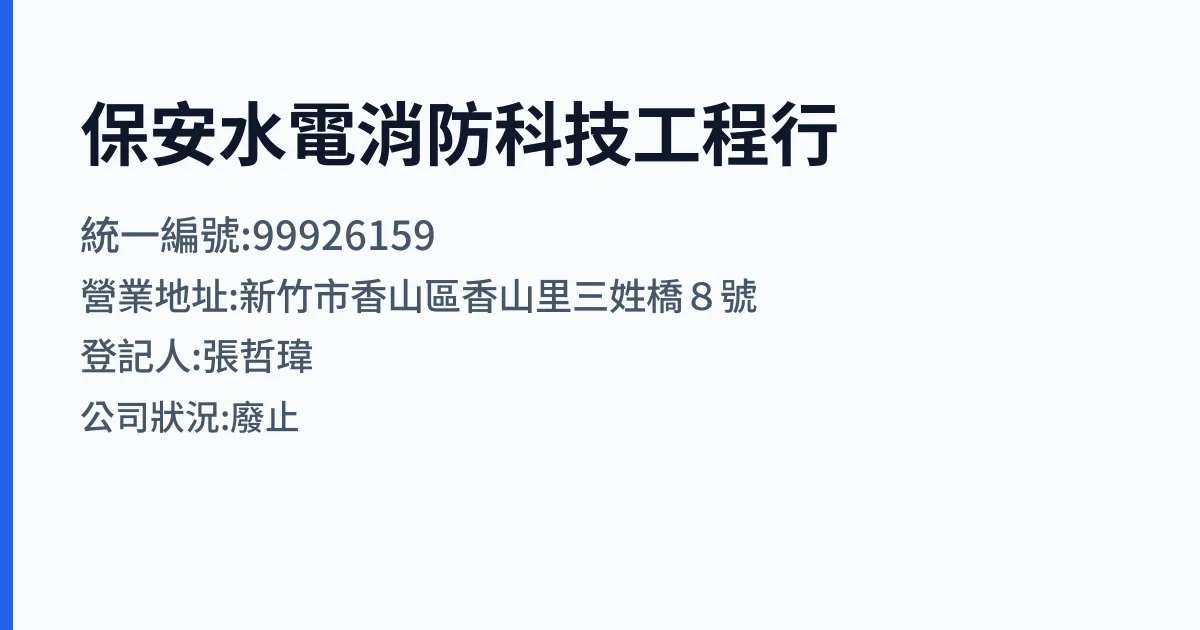 保安水電消防科技工程行 - 統編 99926159（彰化縣） 公司登記資料與營業項目詳細圖表