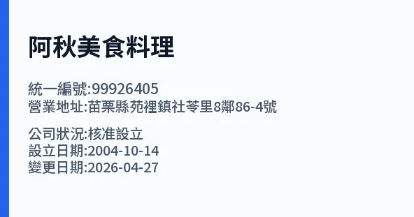 阿秋美食料理的照片-統編 99926405(苗栗縣) 公司登記資料與營業項目詳細圖表