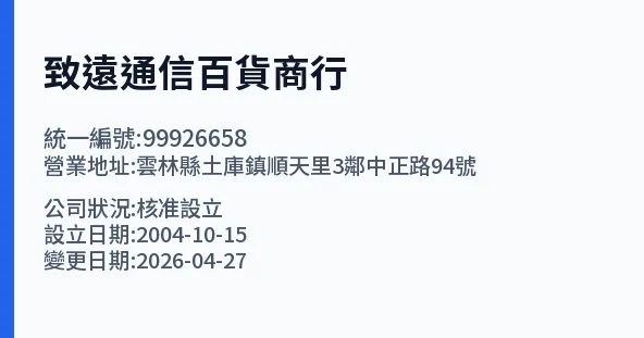 致遠通信百貨商行的照片-統編 99926658(雲林縣) 公司登記資料與營業項目詳細圖表
