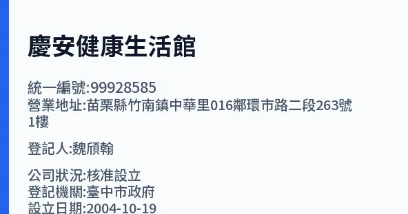 慶安健康生活館的照片-統編 99928585(苗栗縣) 公司登記資料與營業項目詳細圖表